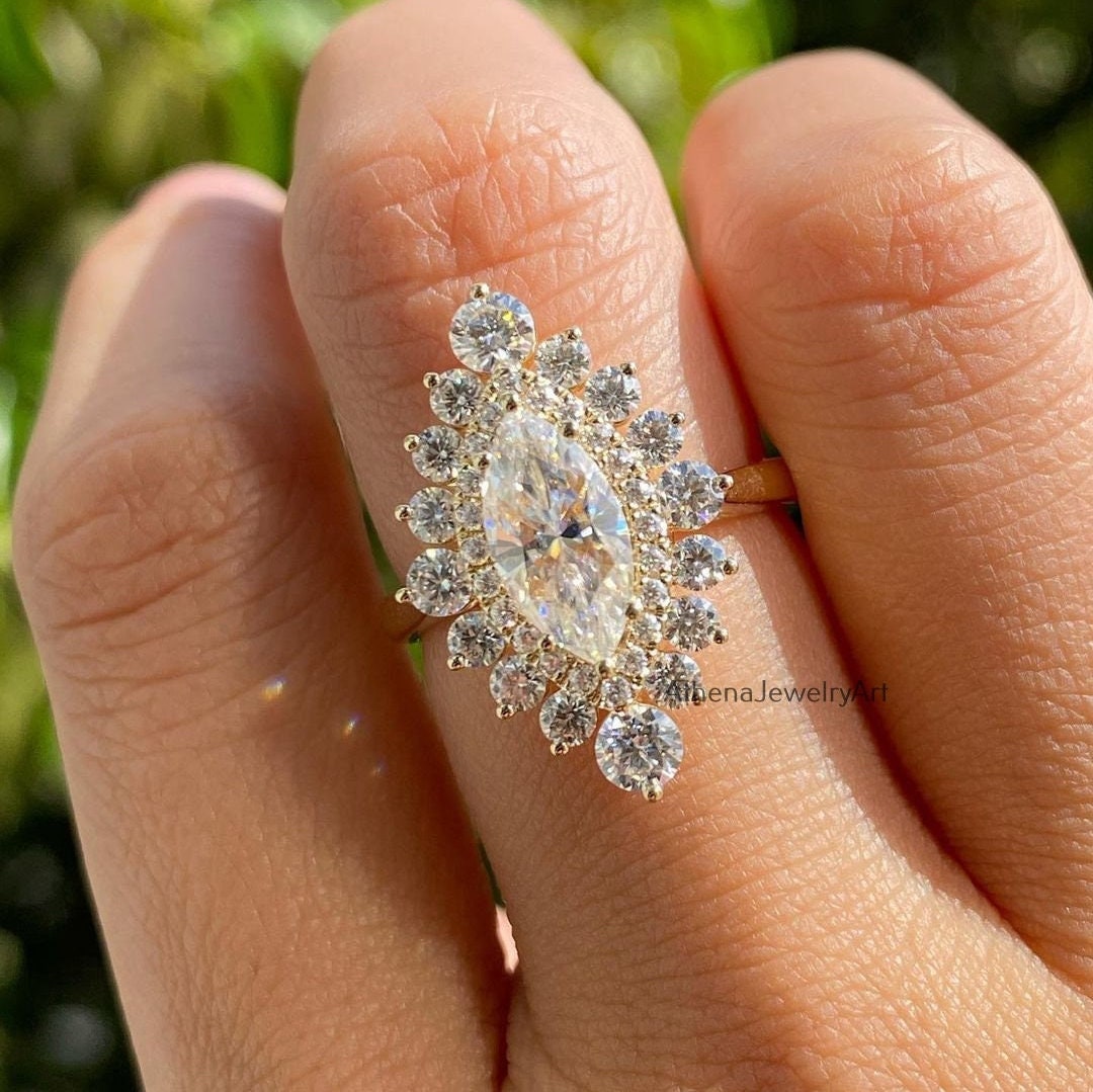 Halo Marquise Cut Moissanite Diamond 18K Solid Gold Engagement - Etsy
