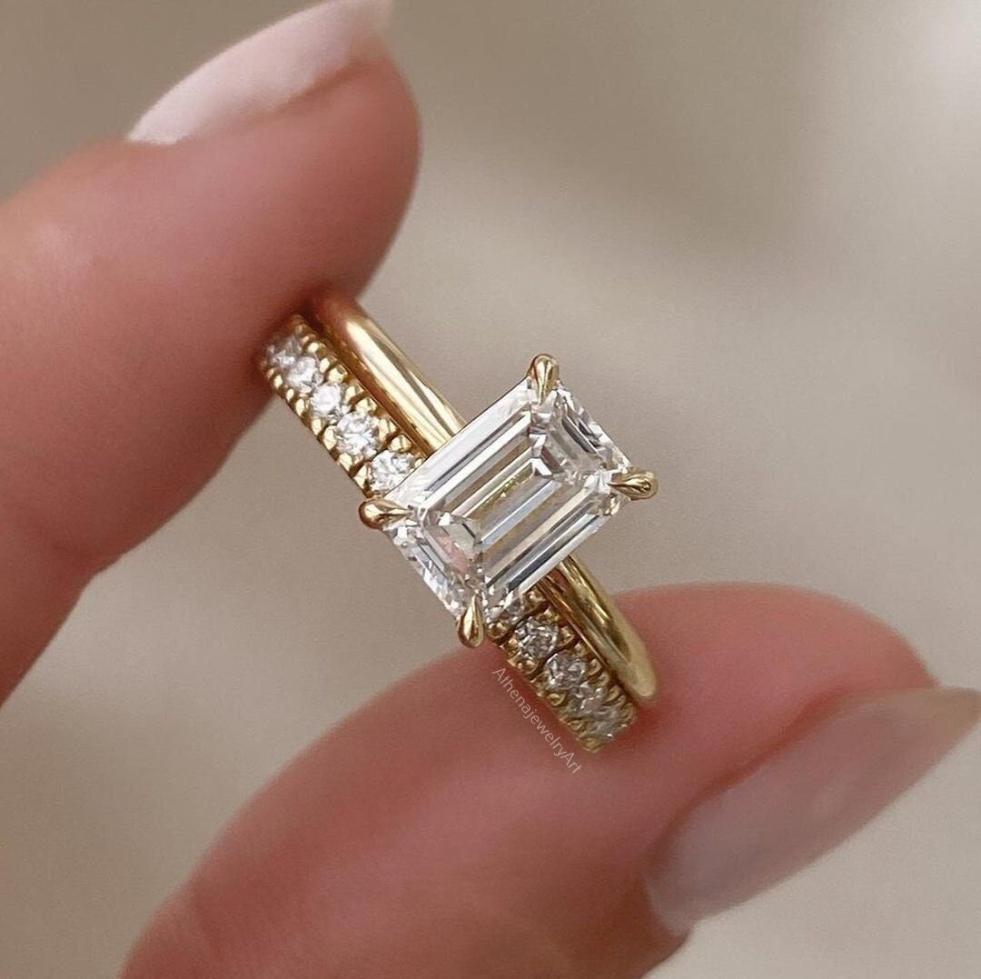 Emerald Cut Diamond Solitaire Ring With Full Eternity Band, 14K Solid ...