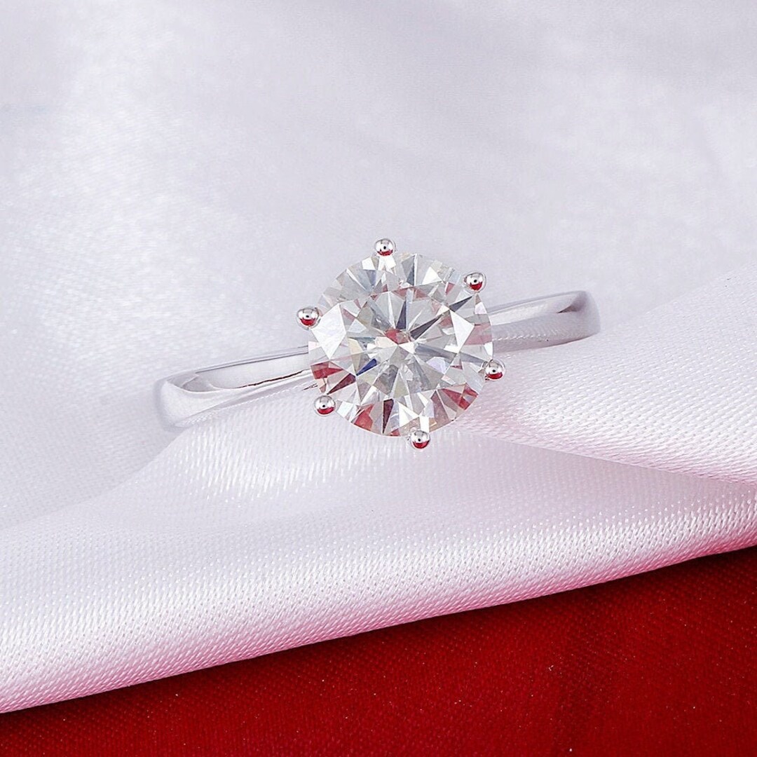 Round Cut Moissanite One Diamond Ring, 925 Sterling Silver Solitaire ...