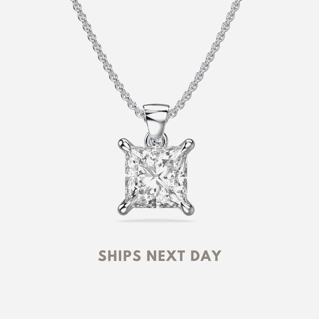 Square Diamond Pendant, Chain Included, Ready to Ship, Princess Cut Lab ...