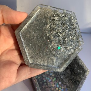 Silver Glitter Resin Container | Geode Resin Decor | Hexagon Resin ...