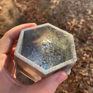 Silver Glitter Resin Container | Geode Resin Decor | Hexagon Resin ...