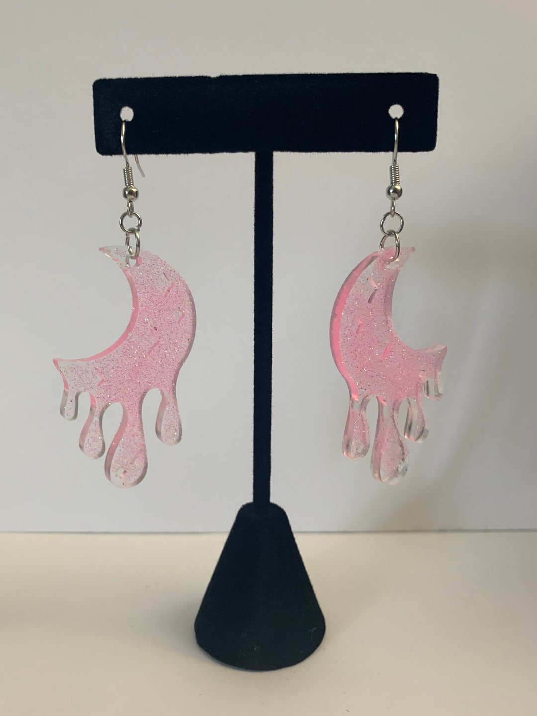 Drippy Moon Pink Glitter Resin Silver Earrings - Etsy