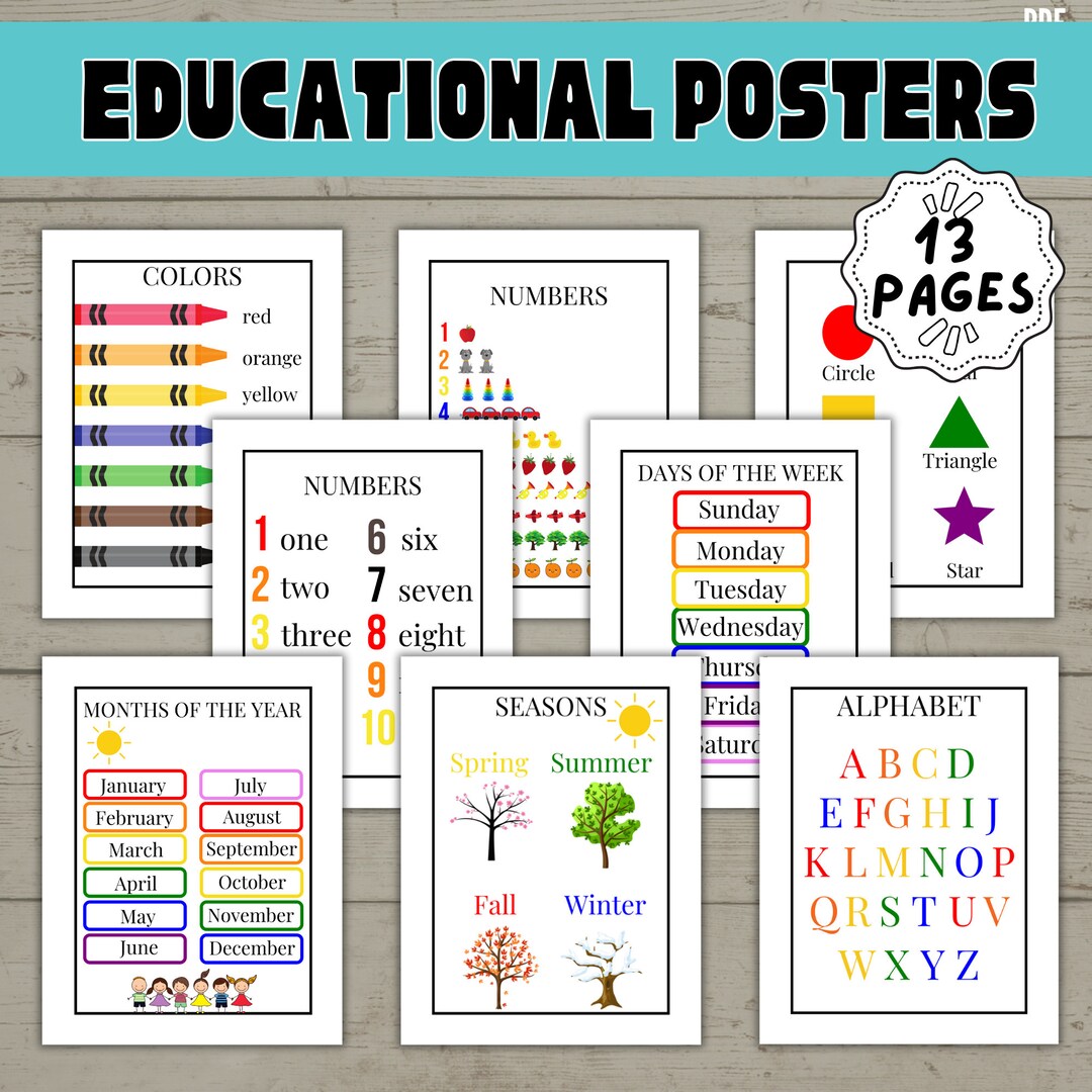 13 Educational Posters Classroom Anchor Charts Includes Colors, Numbers ...