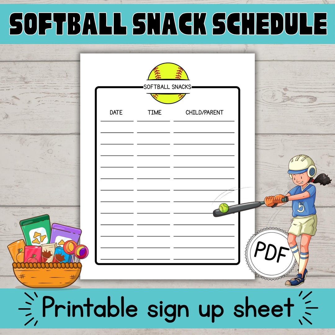 Printable Softball Snacks Sign up Sheet, Instant Download Snack ...
