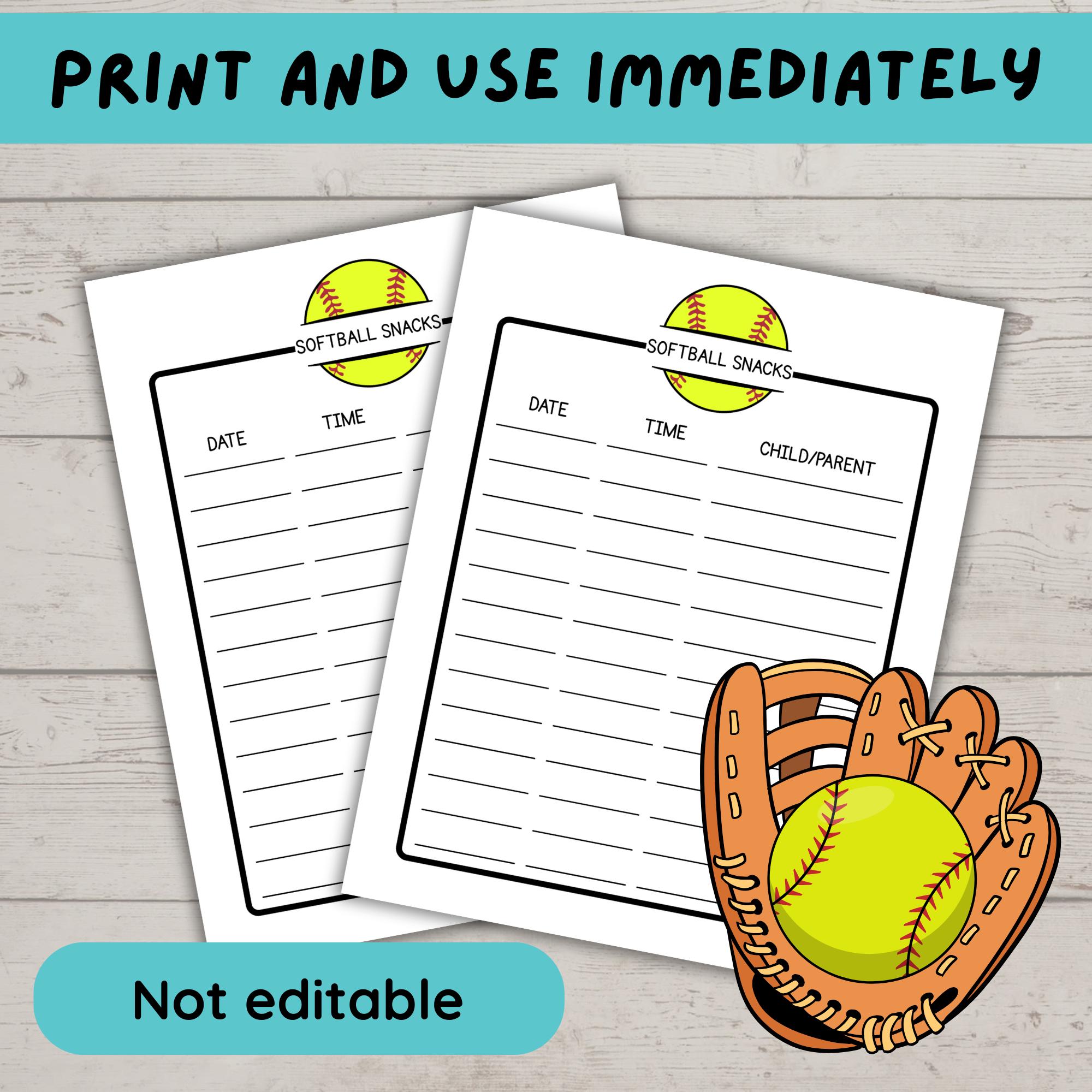 Printable Softball Snacks Sign up Sheet, Instant Download Snack ...