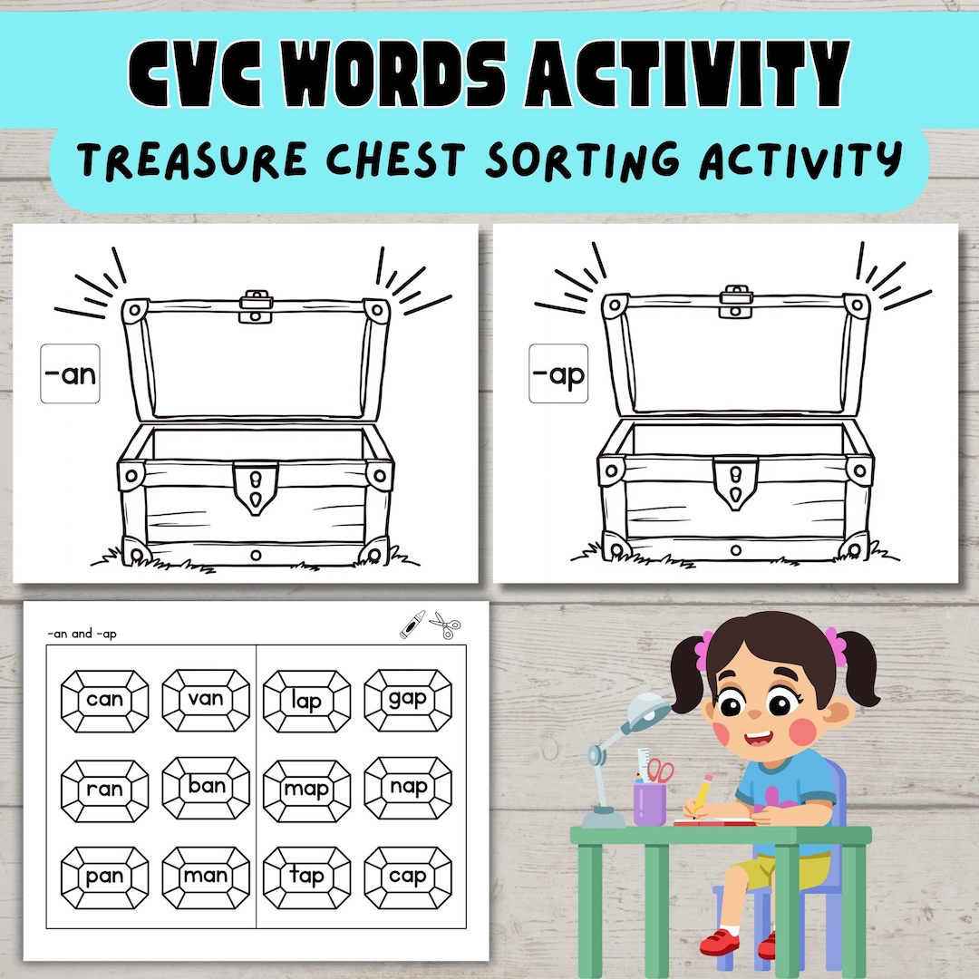CVC Words Reading Game: Short Vowel Treasure Chest Coloring Pages ...