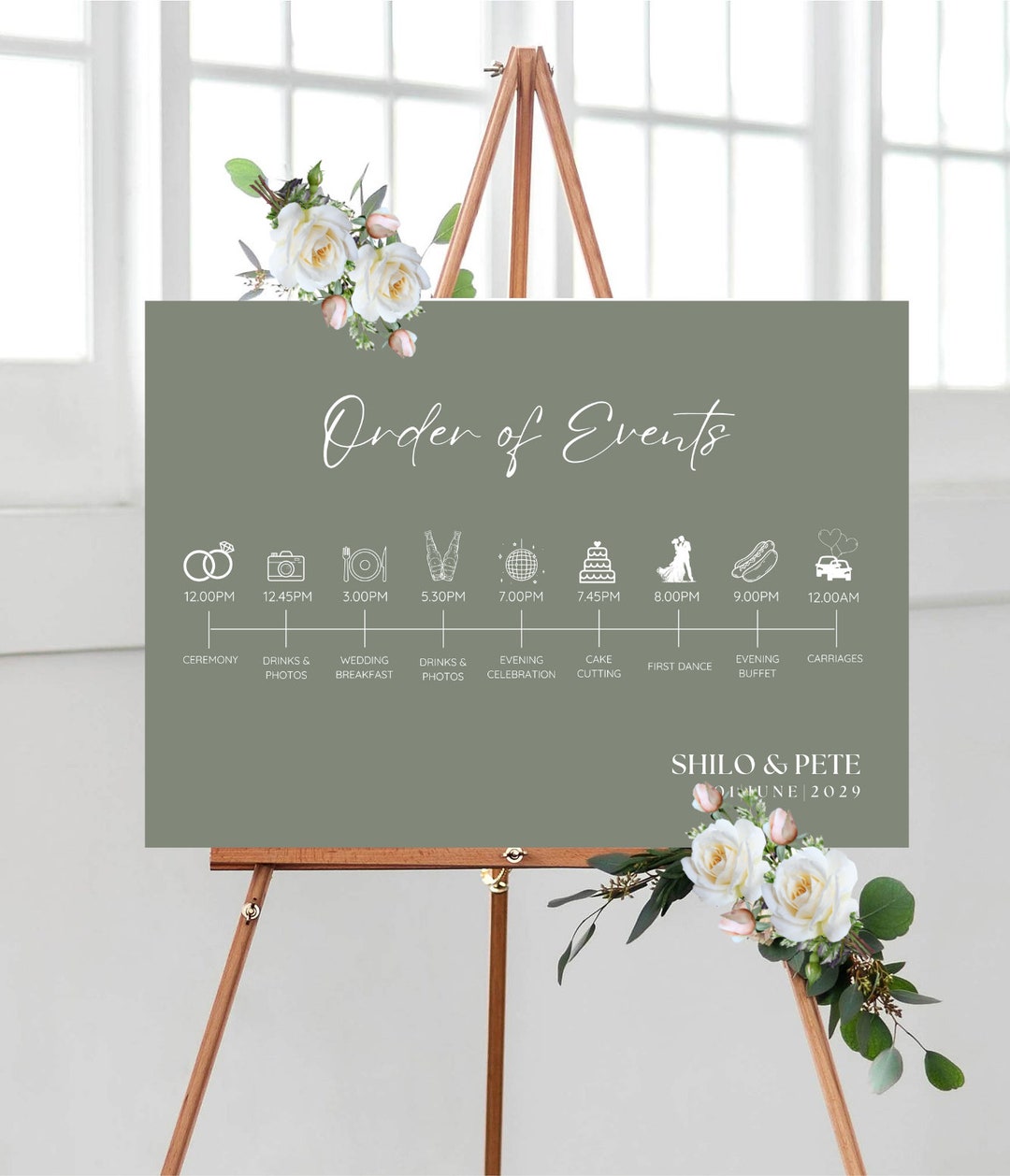 Modern Wedding Schedule Timeline Sign, Olive Green A1 A2 Wedding Order ...