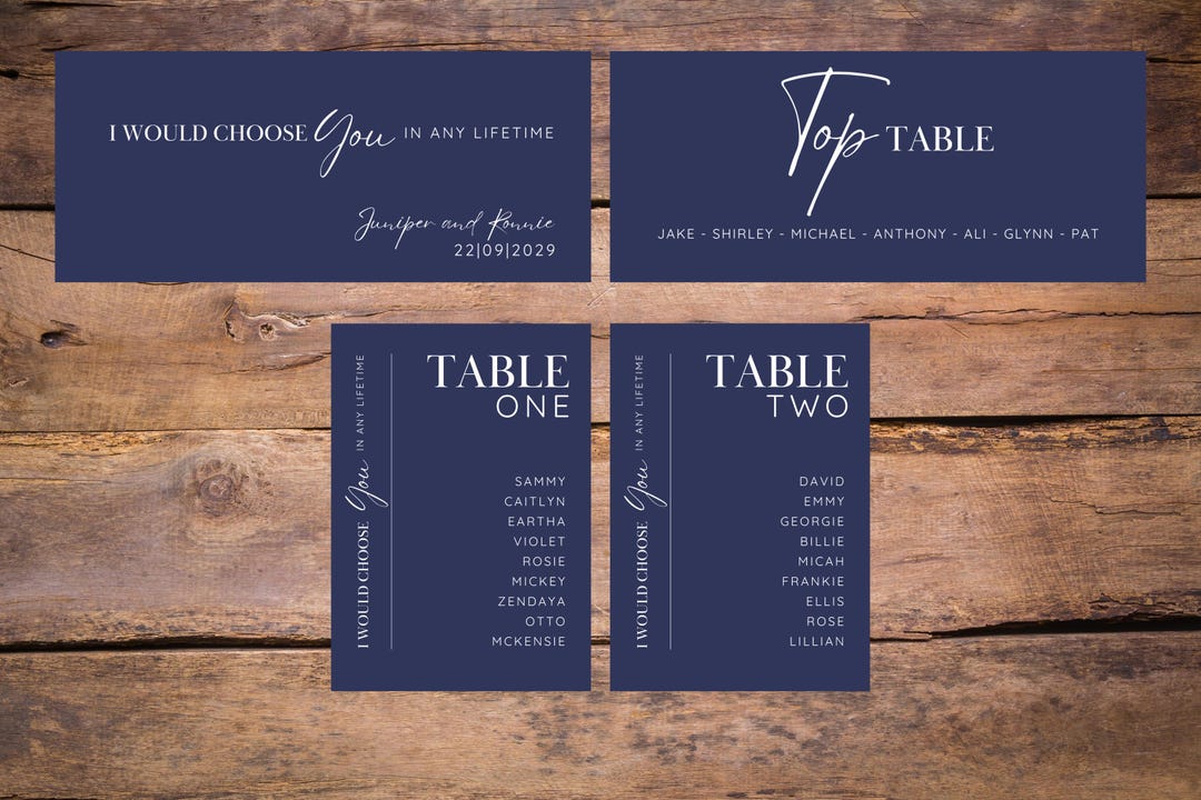 Navy and White Table Plan Card Kit, Wedding Breakfast Seating Chart ...