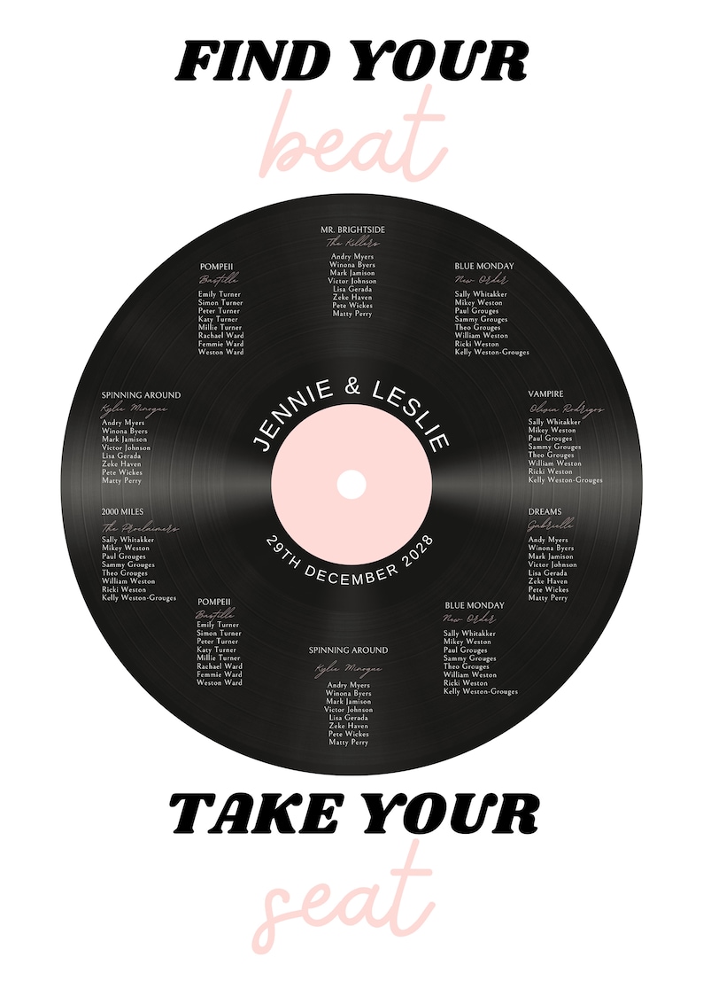 Retro Vinyl Record Wedding Table Plan, Music Lovers Themed Seating ...