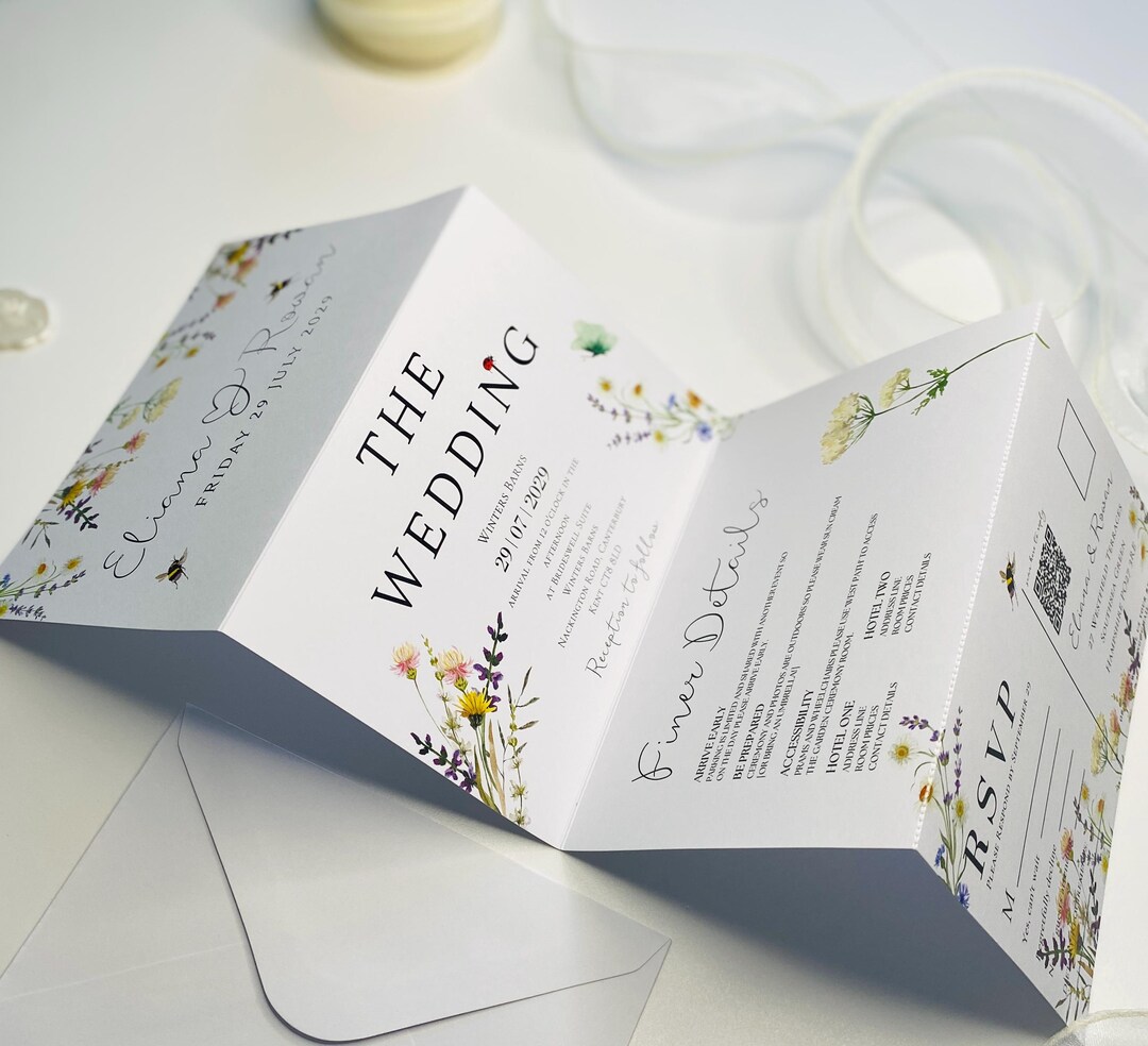 Wildflower Concertina Wedding Invitation, Rustic Meadow Florals Eliana ...