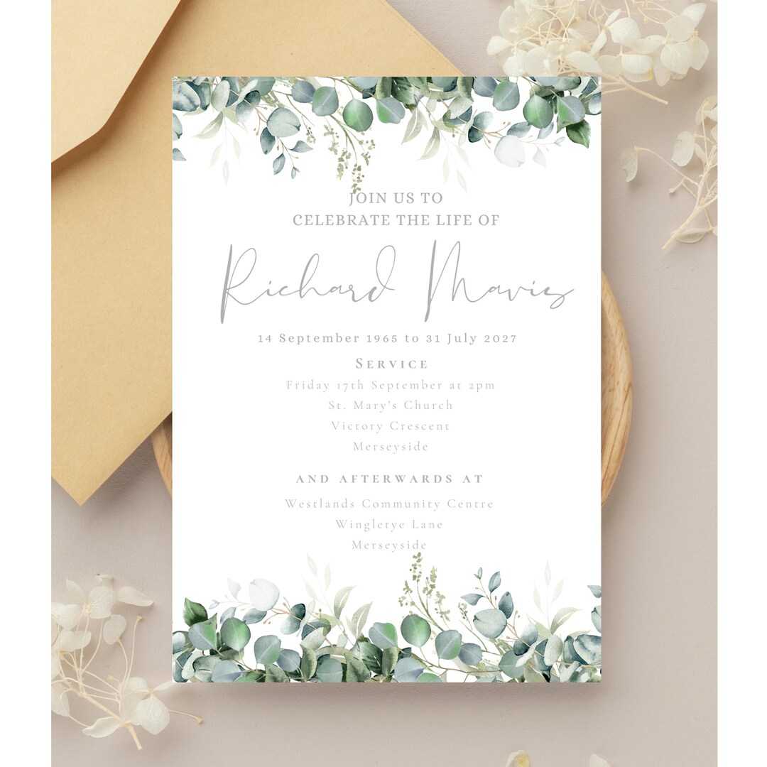 Funeral Invitations, Watercolour Greenery Funeral Invites, Personalised ...