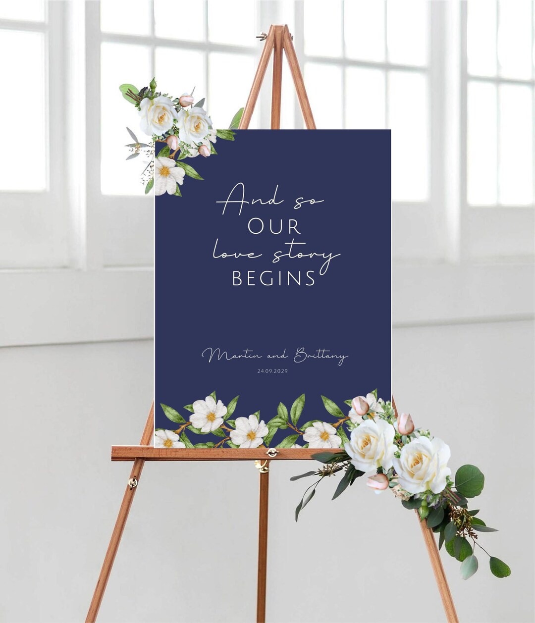 Navy and Cream Wedding Welcome Sign, and so Our Love Story Begins ...