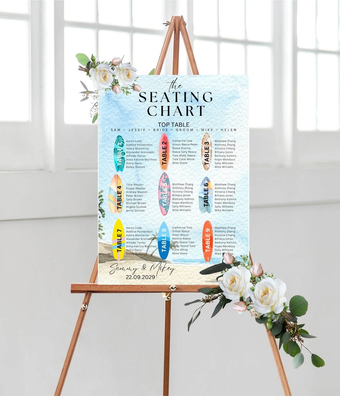 Beach Table Plan, Surfboard Table Plan, Surfs up Seating Chart, Surfing ...