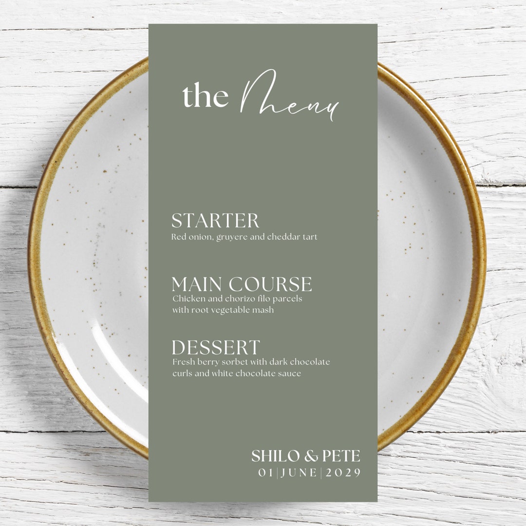 Olive Green Menus, Printed Wedding Menus, Green Wedding Place Settings ...