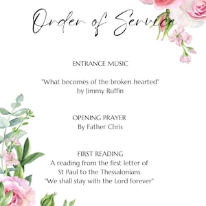 Pink Roses Funeral Order of Service Program, Celebration of Life Eulogy ...