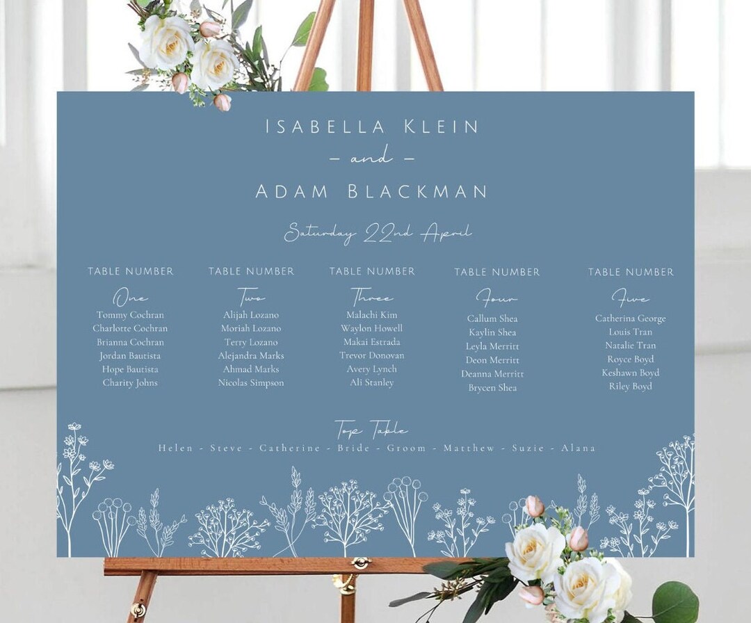 Botanical Dusky Blue Wedding Table Plan, Blue Wedding Table Numbers ...