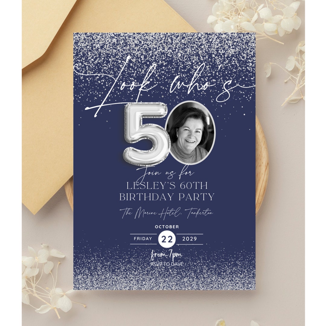 Navy Silver Birthday Invitation: Photo, Any Age (printed or Digital ...