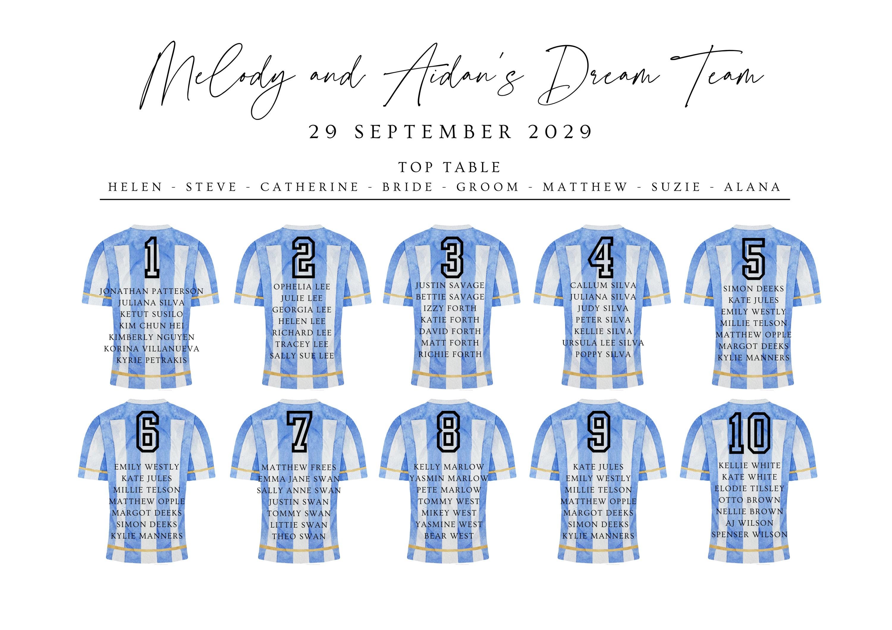 Football Shirt Wedding Table Plan Sign, Personalised Footie Dream Team ...