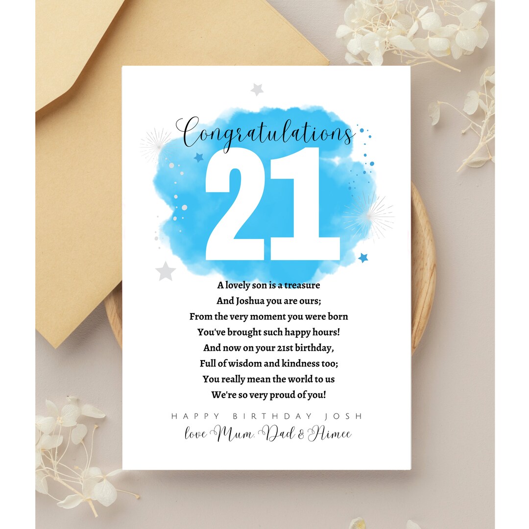 Son 21st Birthday Card, 21st Birthday Poem Print & Greeting Card, Son ...