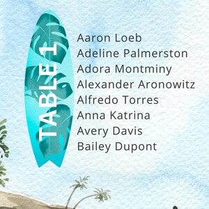 Beach Table Plan, Surfboard Table Plan, Surfs up Seating Chart, Surfing ...
