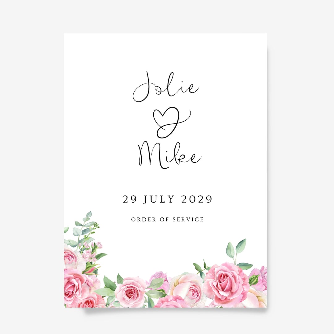 Pink Rose Order of Service, Wedding Ceremony Program, Floral Wedding ...