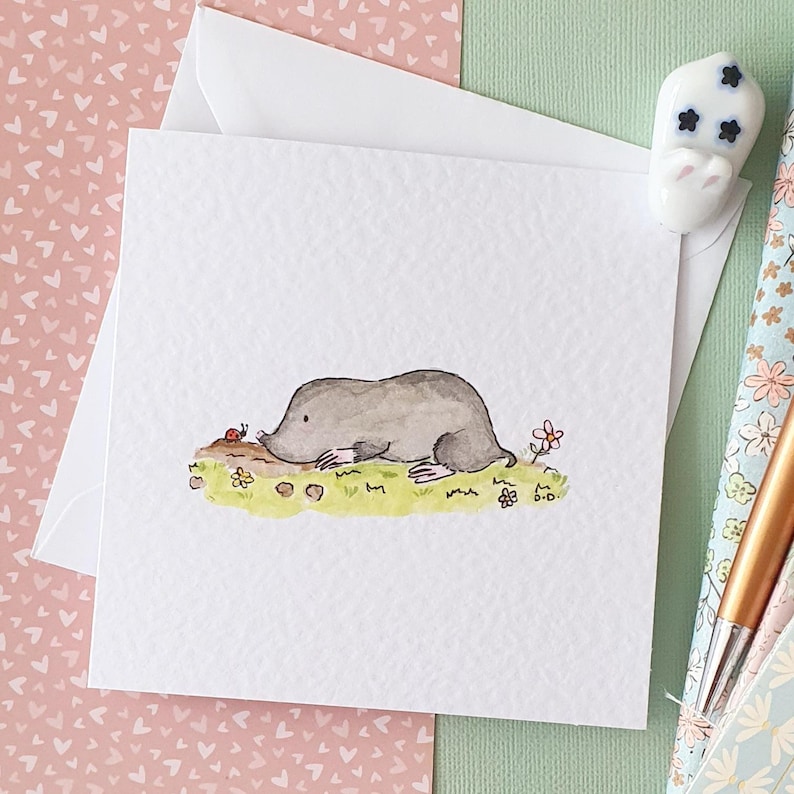 Hand Painted Curious Mole Watercolour Card – Silent Woodland Vignette ...