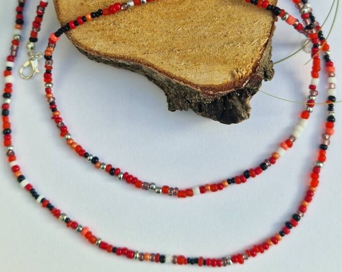 Red and Black Single Strand Beaded Necklace, Beaded Necklace, Mixed Red ...