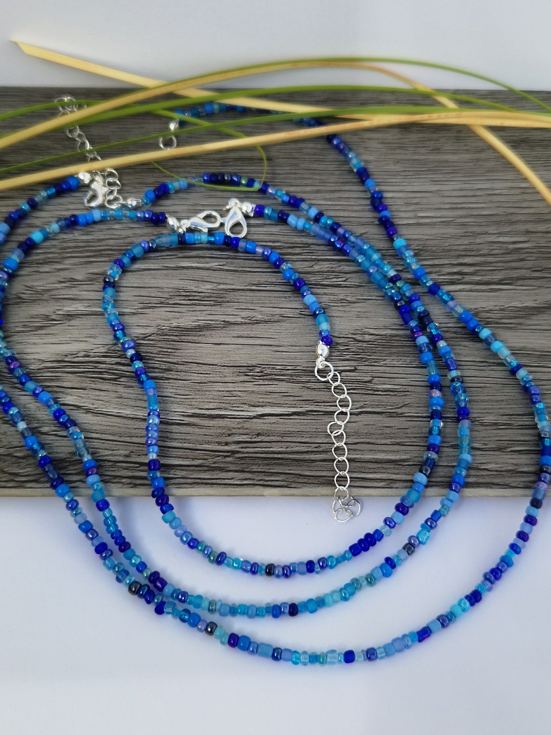Blue Single Strand Beaded Necklace, Beaded Necklace, Mixed Blue Bead ...