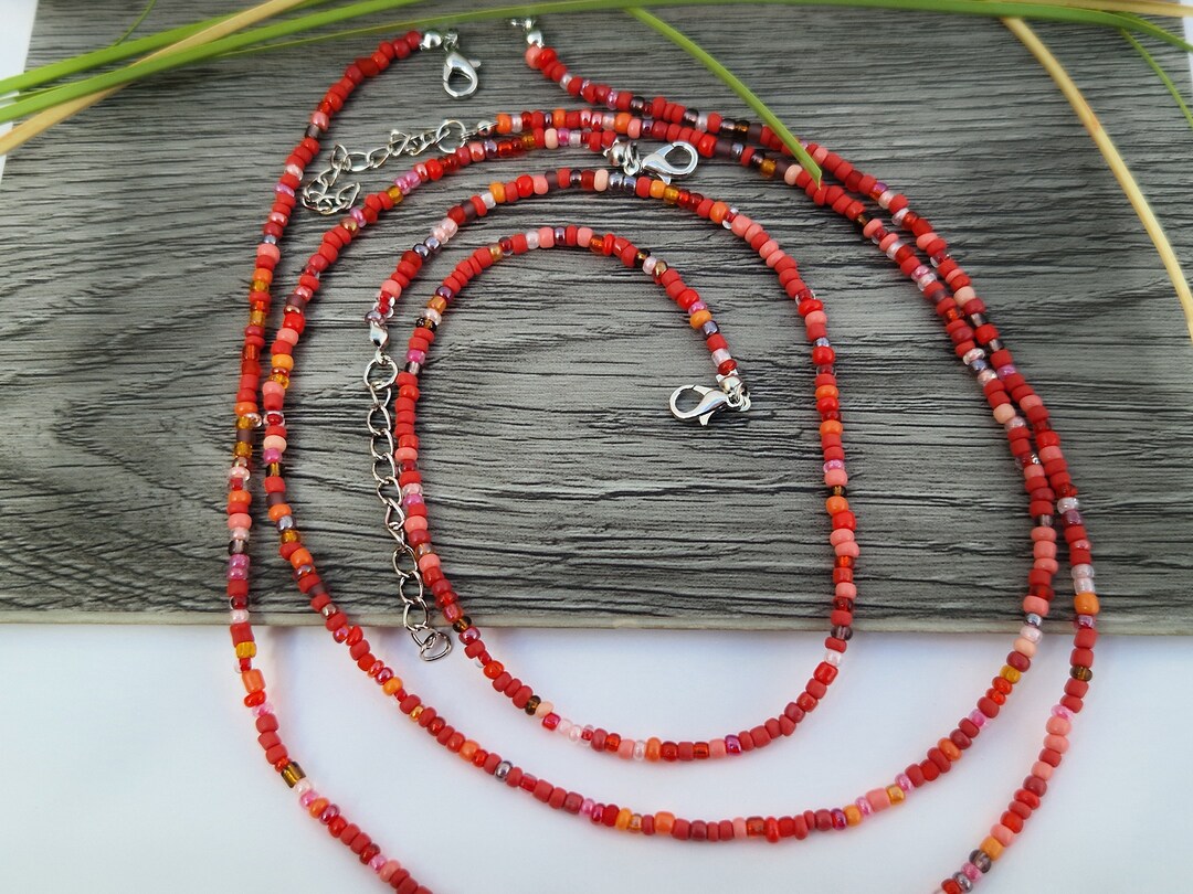Red Single Strand Beaded Necklace, Beaded Necklace, Mixed Red Bead ...