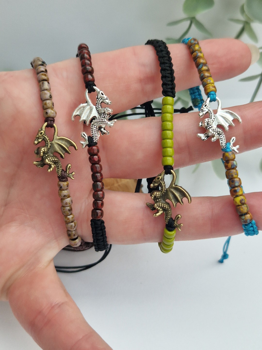 Dragon Bracelet, 7 Colours, Charm Bead Bracelet, Charm Bracelet, Dragon Charm Dragon Macrame ...