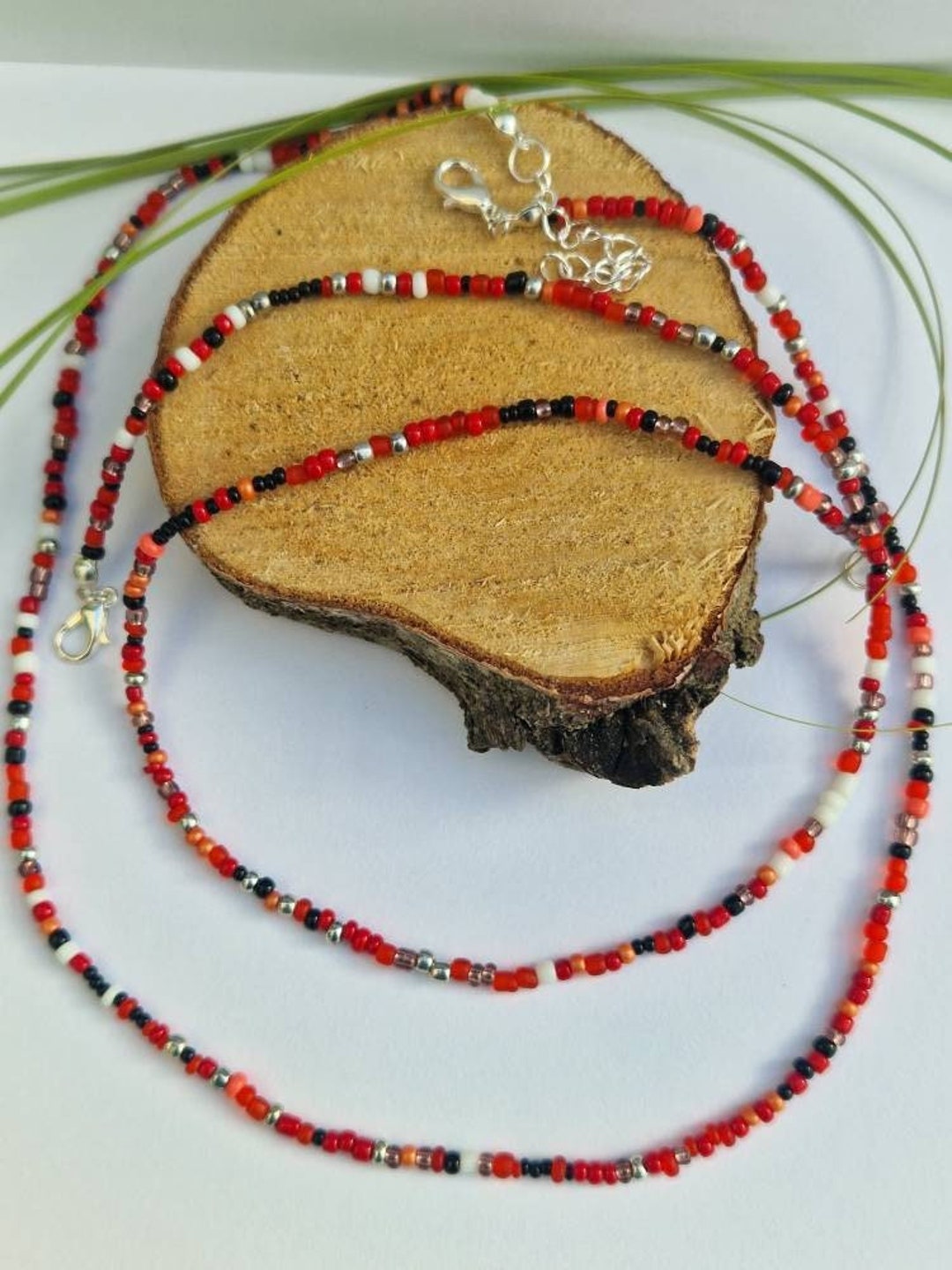 Red and Black Single Strand Beaded Necklace, Beaded Necklace, Mixed Red ...