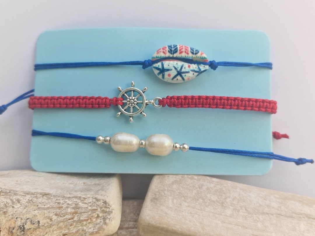 Trio of Bracelets, Macrame Ship Wheel Bracelet, Cowrie Shell Bracelet ...