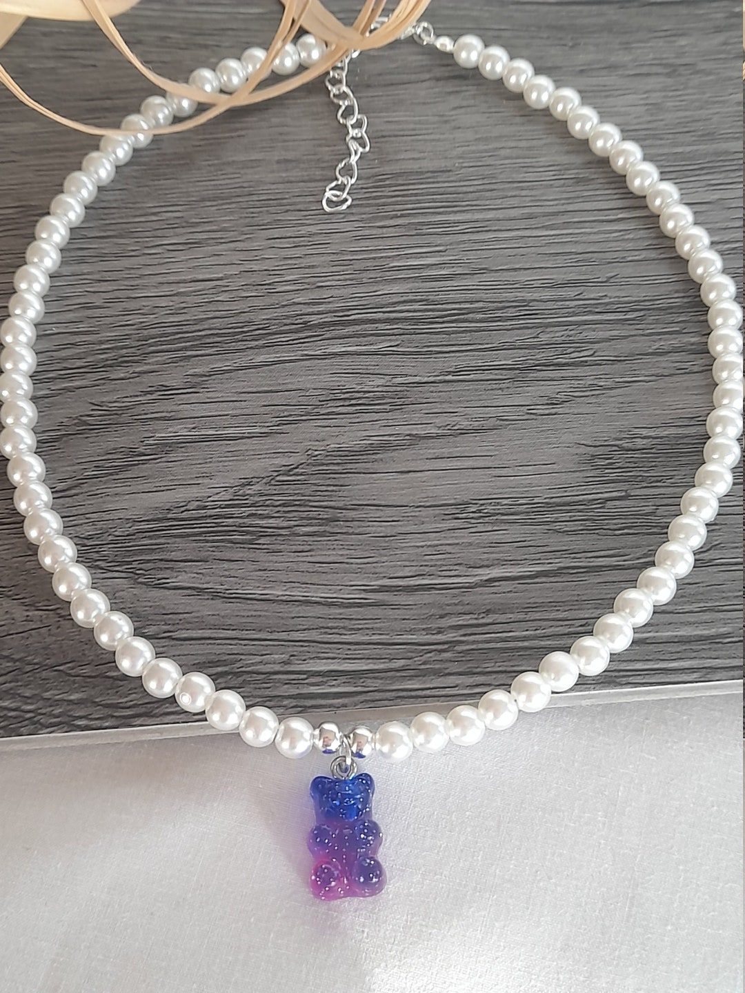White Pearl Necklace With Gummy Bear Charm, Acrylic Pearl Necklace ...