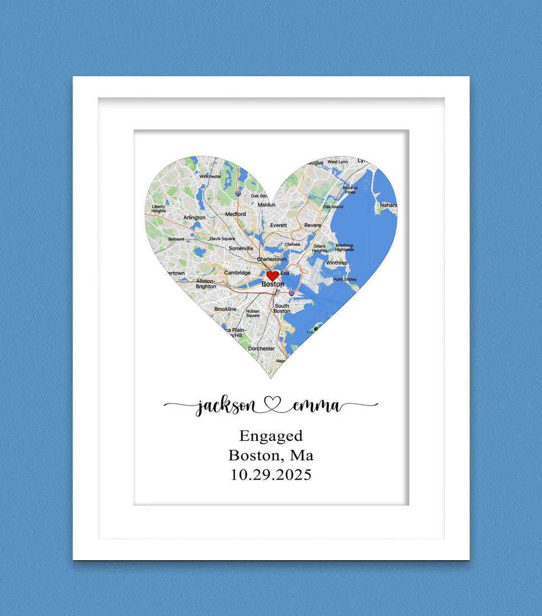 Engagement Map Engagement Gift for Couple, Framed Custom City Map Print ...