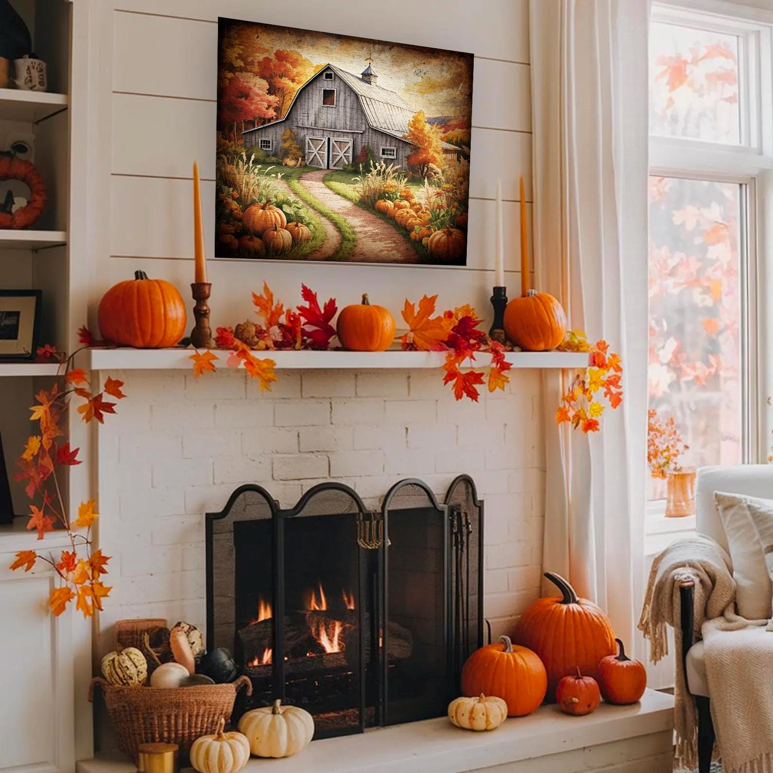 Vintage Farmhouse Autumn Canvas Art: Rustic Barn, Pumpkins & Golden ...
