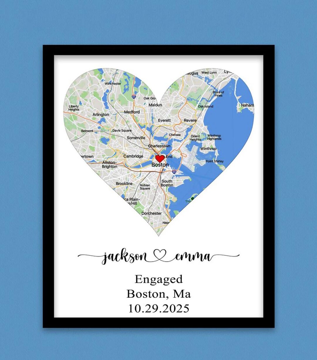Engagement Map Engagement Gift for Couple, Framed Custom City Map Print ...