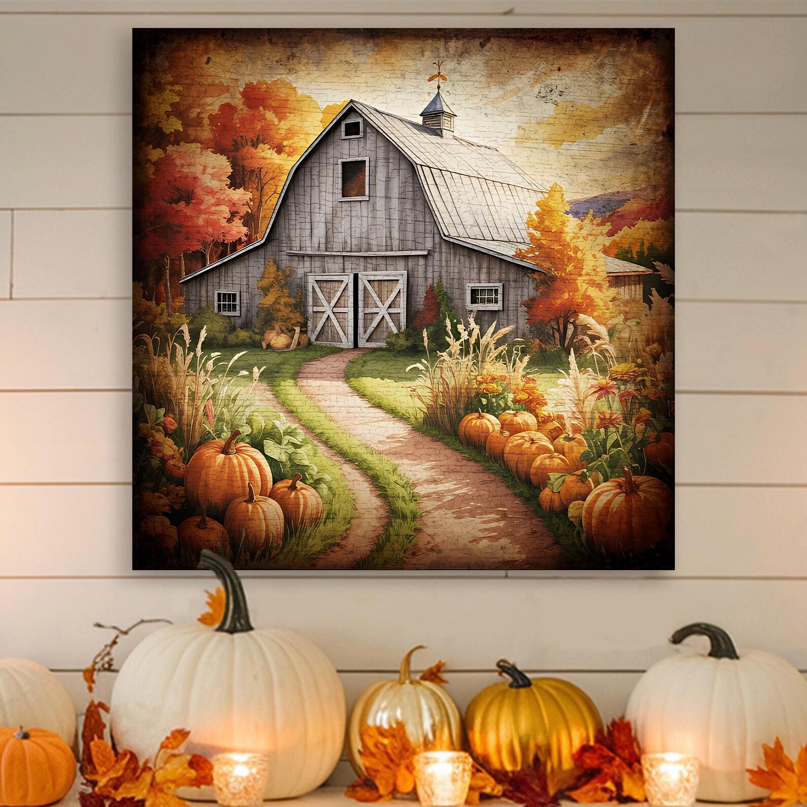 Vintage Farmhouse Autumn Canvas Art: Rustic Barn, Pumpkins & Golden ...