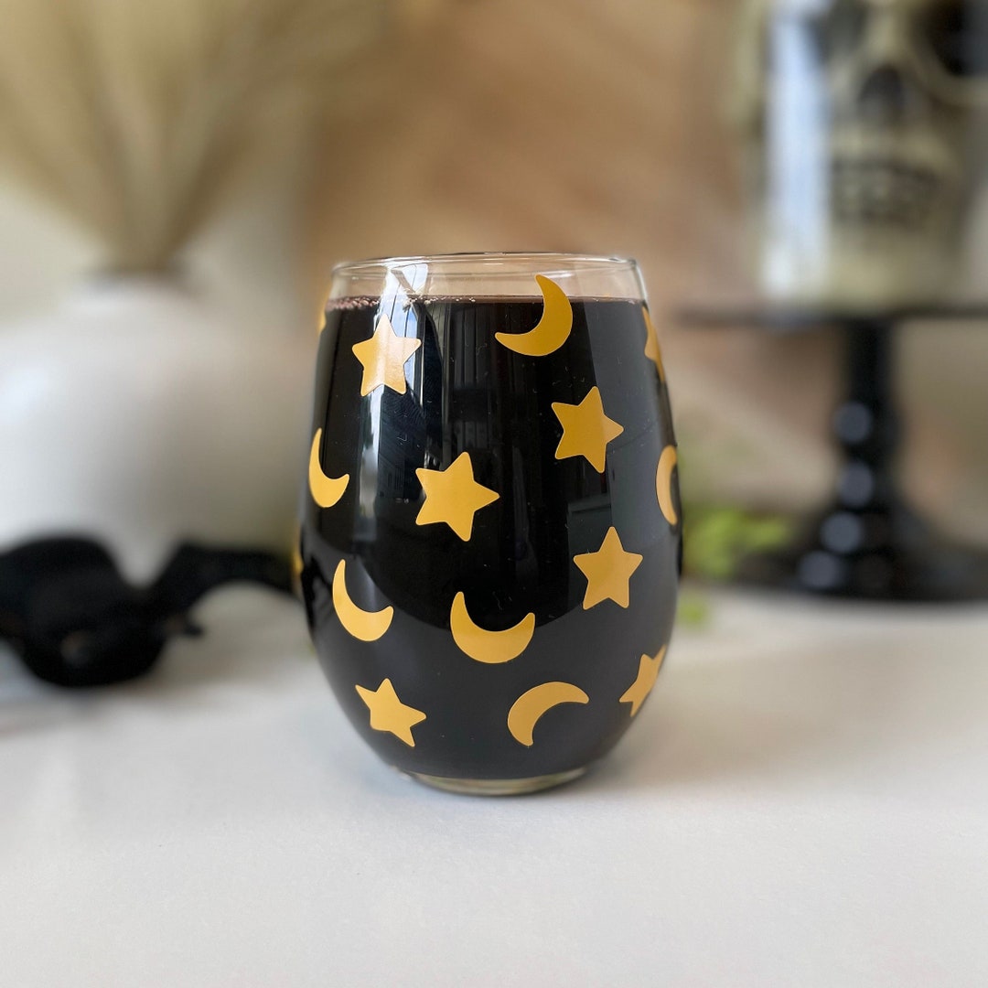 Gold Moon and Star Stemless Wine Glass, 15oz Witchy Wine Glass Crescent ...