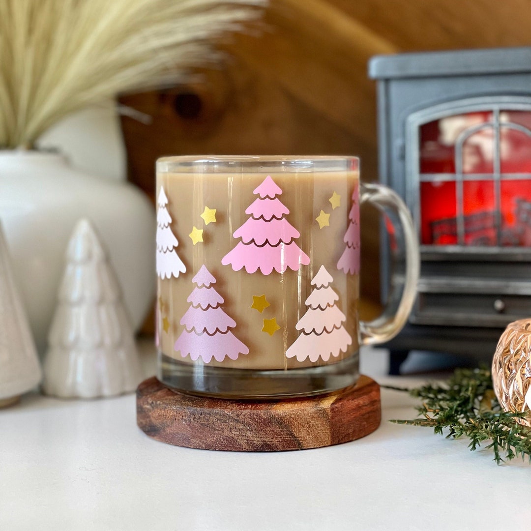 Pink Christmas Tree Clear Glass Mug, 13oz Christmas Coffee Mugs Holiday ...