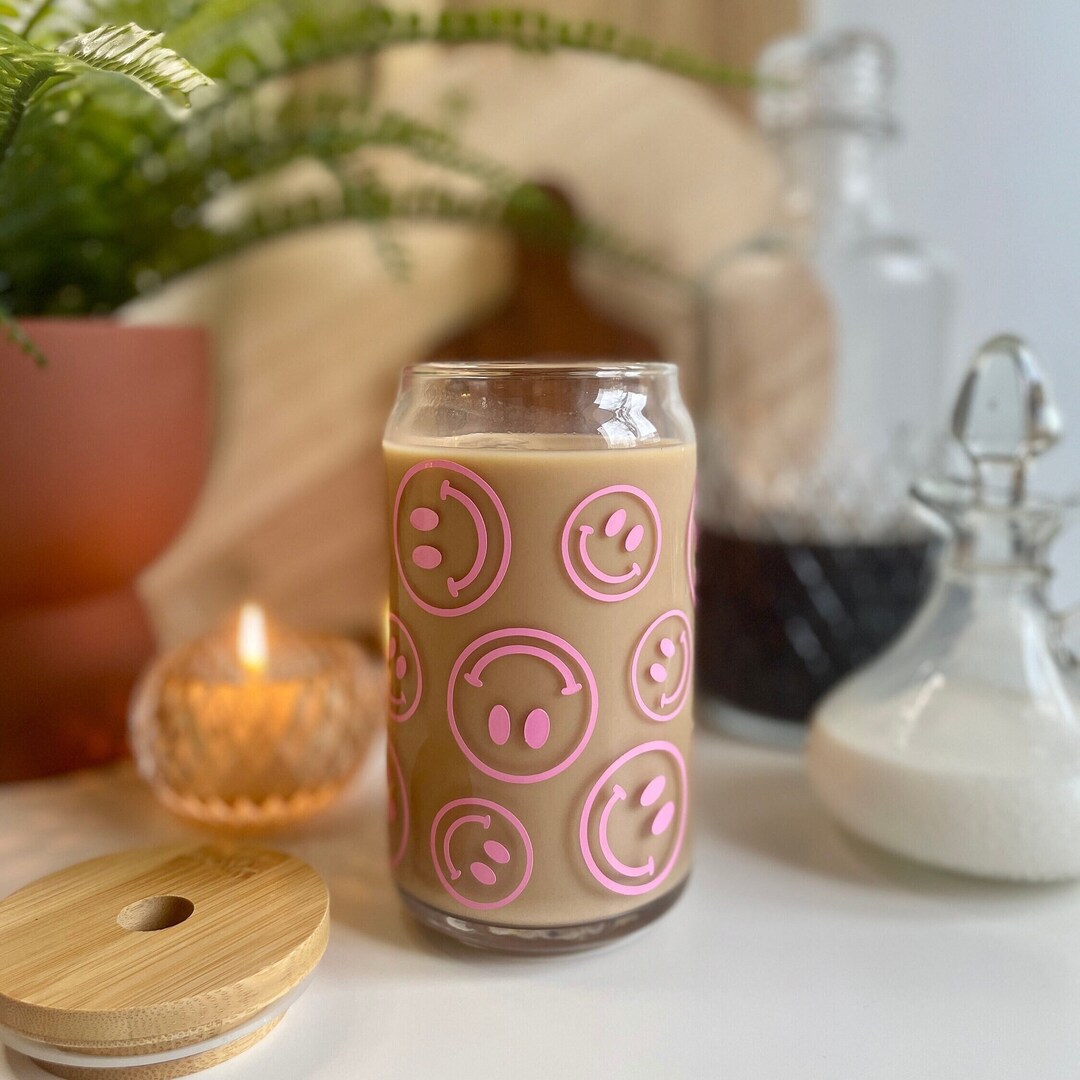 Pink Happy Face Glass Can Tumbler, 16oz Iced Coffee Glass Smiley Face ...