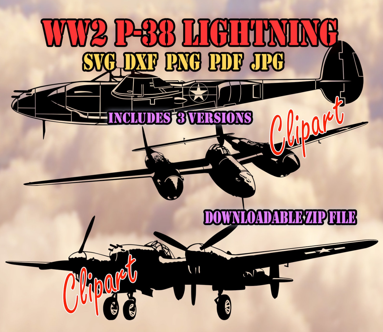 WW2 P-38 Lightning Clipart SVG DXF PNG Pdf Jpg - Etsy