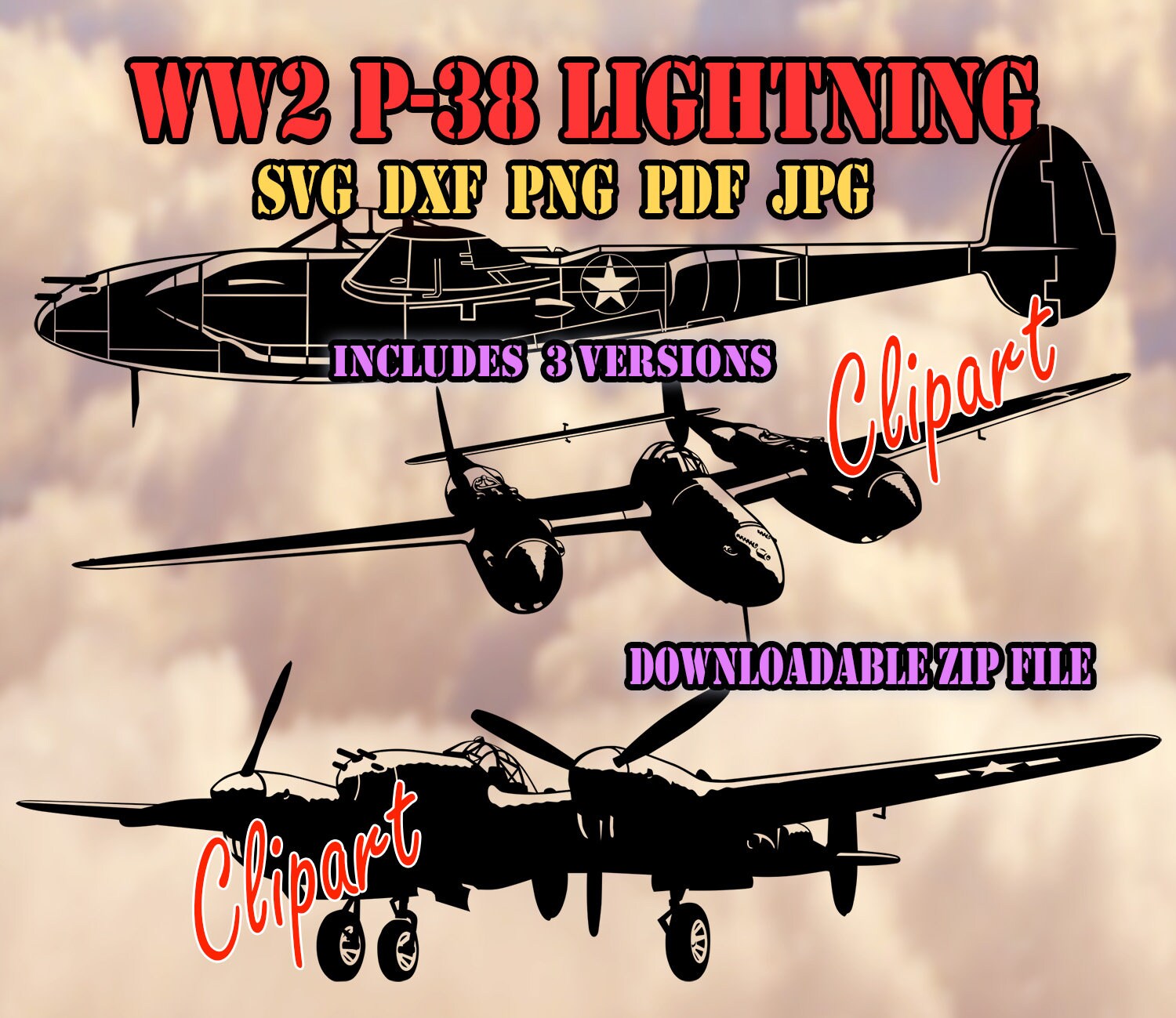 WW2 P-38 Lightning Clipart SVG DXF PNG Pdf Jpg - Etsy