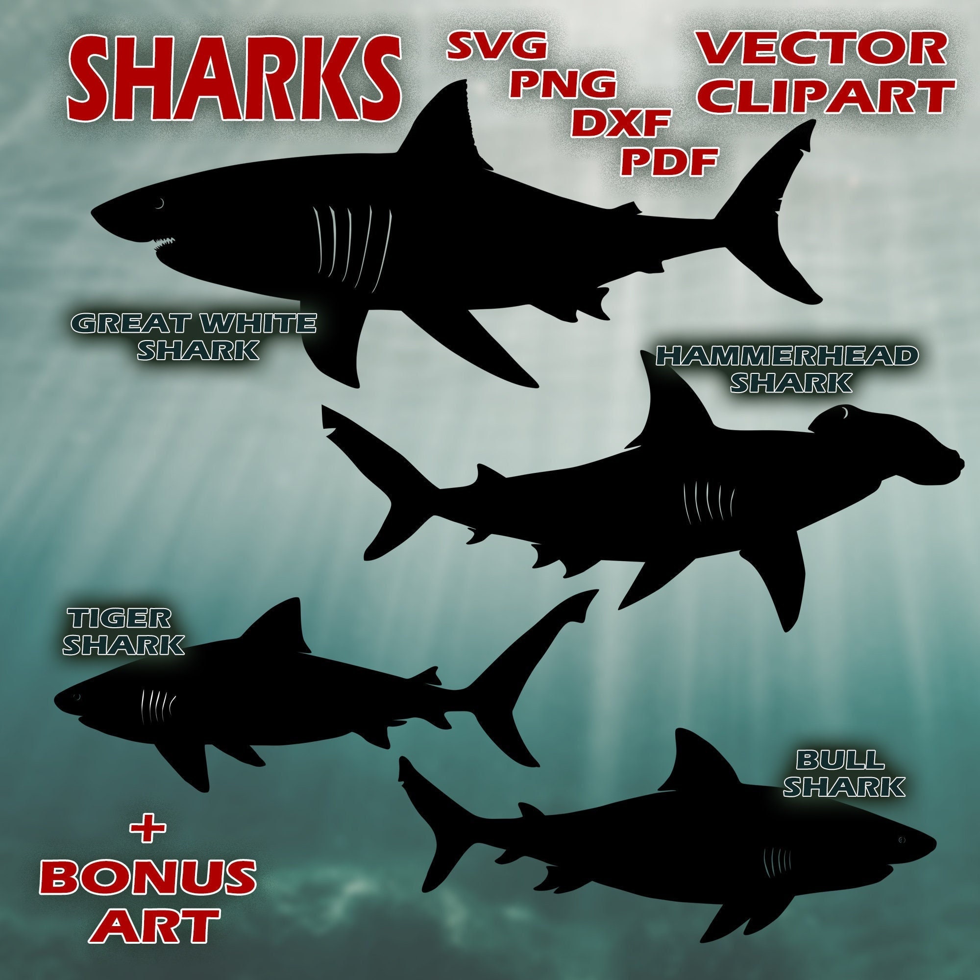 Sharks Clipart SVG DXF PNG Pdf - Etsy