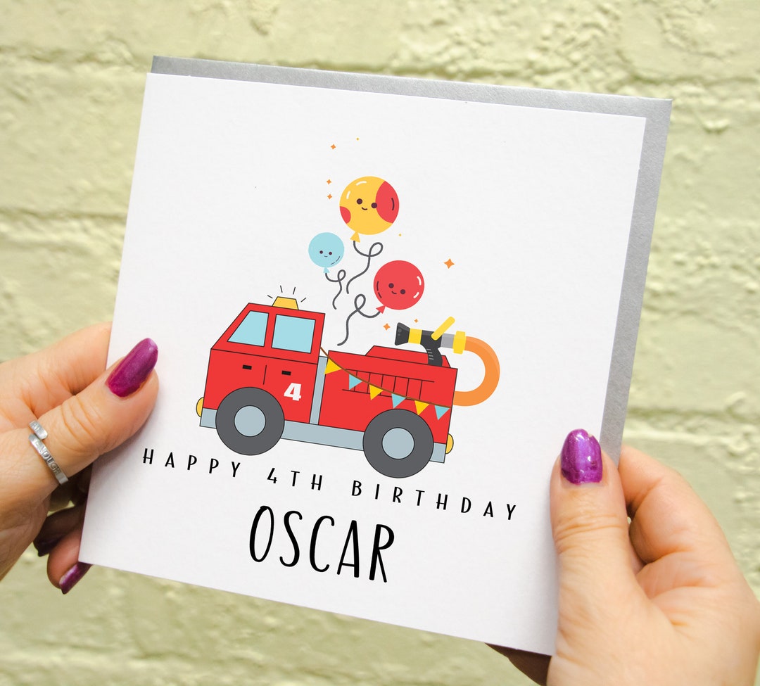 Fire Engine 4th Birthday Card for Son, Fire Truck Birthday Card, Happy ...