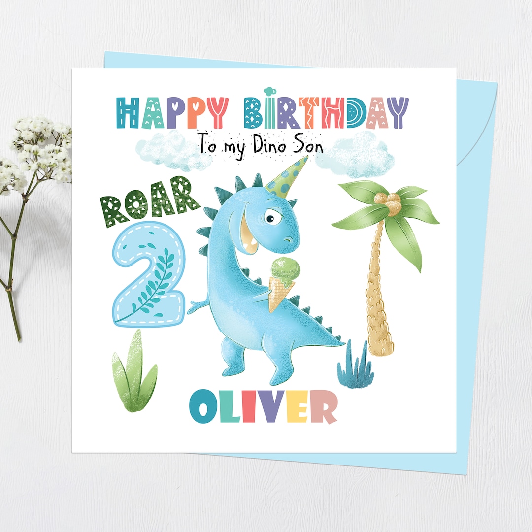 Dinosaur 2nd Birthday Card Boy , Personalised Second Birthday Card ...