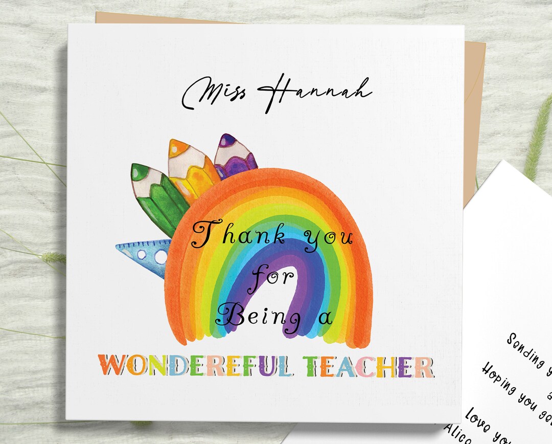 Personalised Rainbow Thank You Card for Best Teacher, Gift for School ...