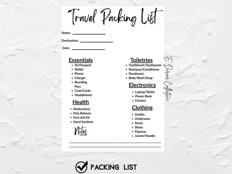 Travel Packing List Printable PDF, Minimalist Vacation Planner, Travel ...