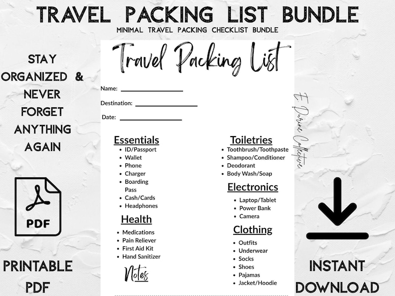 Travel Packing List Printable PDF, Minimalist Vacation Planner, Travel ...