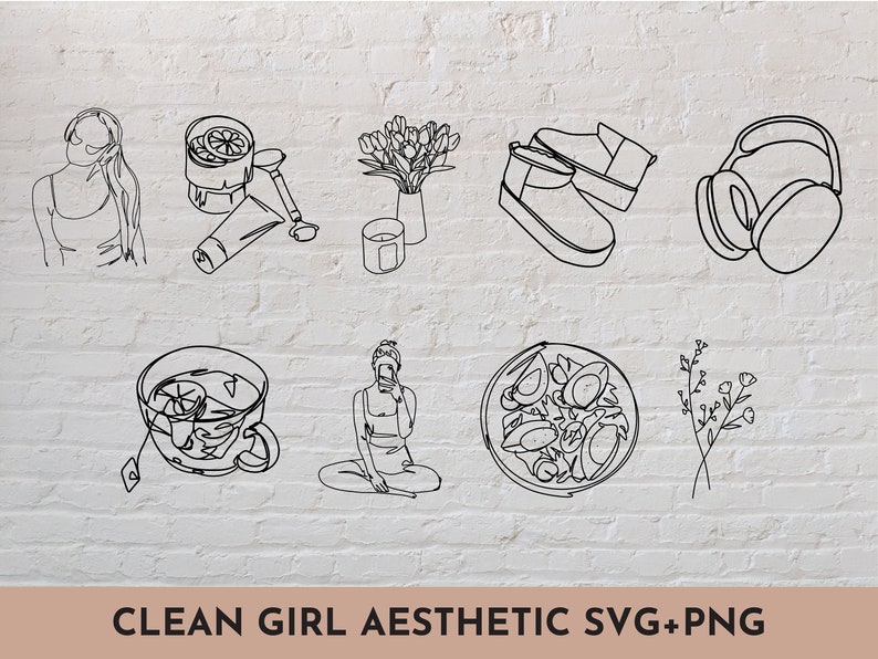 9 Clean Girl Aesthetic SVG PNG Bundle Lineart Minimalist Girly ...